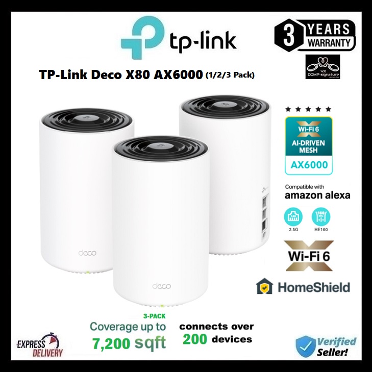 TP-Link Deco X80 AX6000 Whole Home AI-Driven 2.5G Dual-Band Mesh WiFi 6 Router System with ...