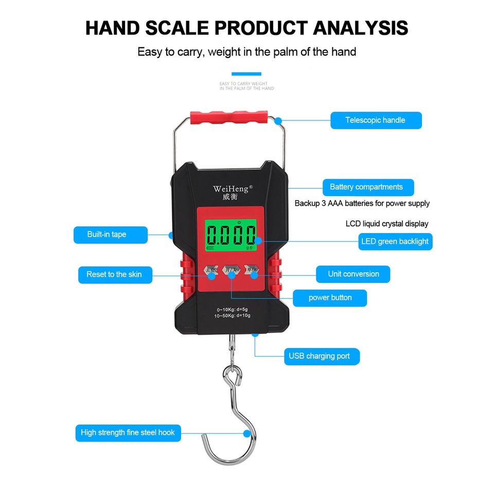50Kg/5g Full Waterproof Hanging Scale Portable Fish Hook Electronic ...