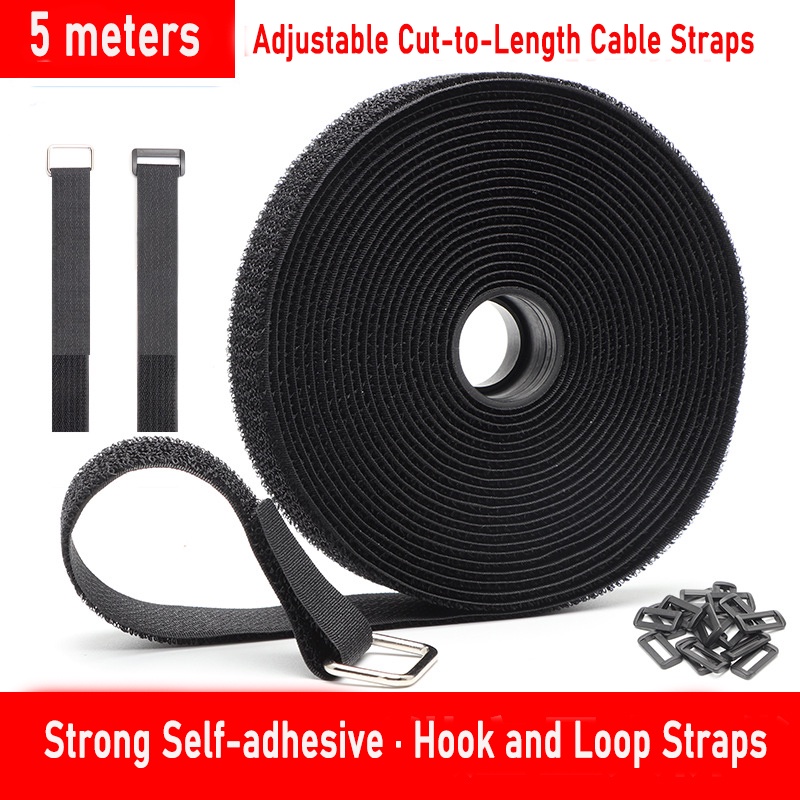 5m x 2cm Small Cable Straps with 25 Buckles, Free Cut Length, Black ...