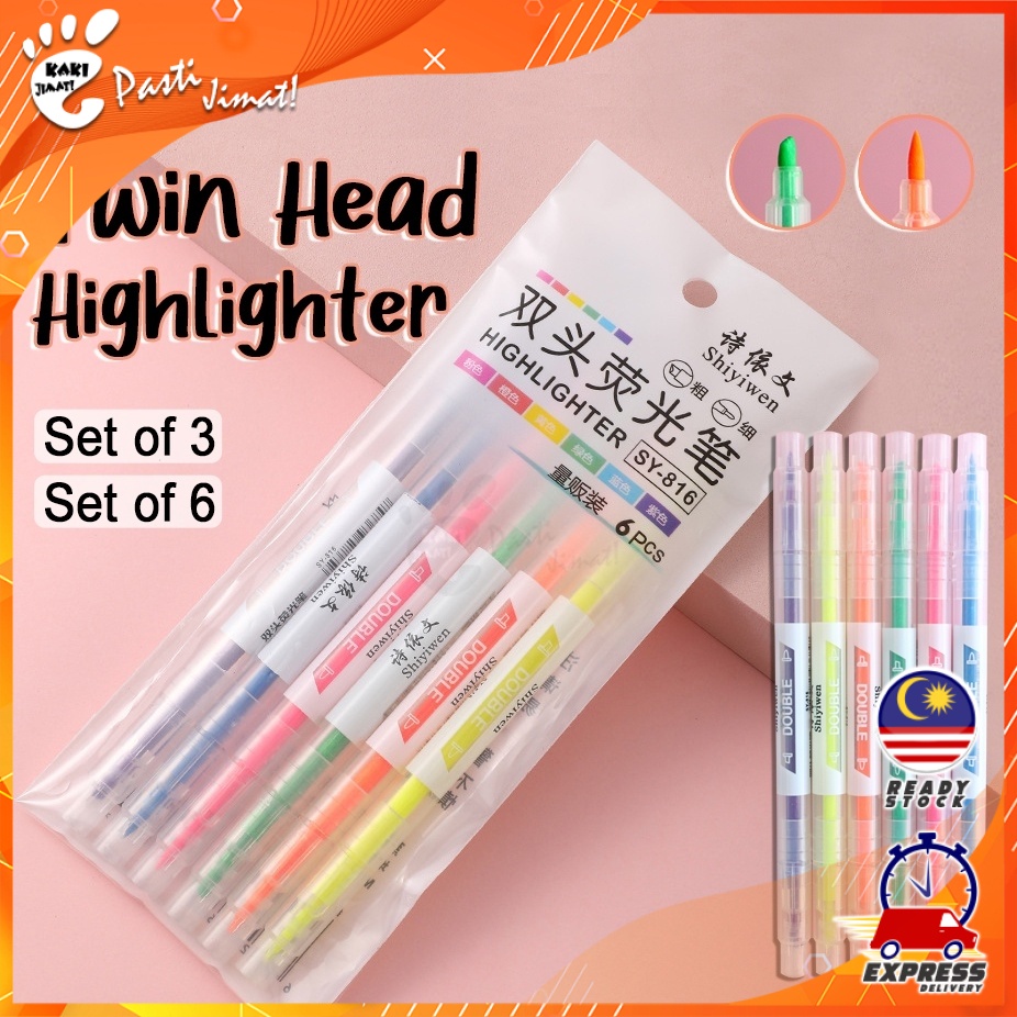 Kaki Jimat Twin Head Highlighter Set of 3/6 with Round Tip & Chisel ...