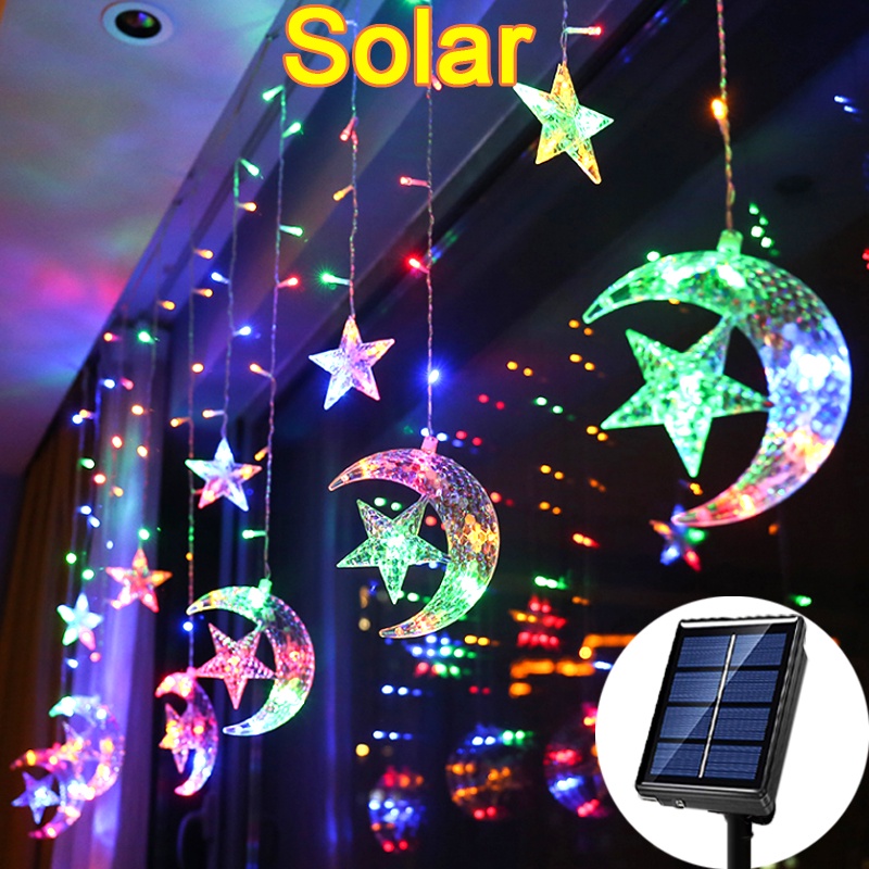 Ligyetor Lampu Raya Solar Curtain Lights Star Moon String Light 8 Modes ...