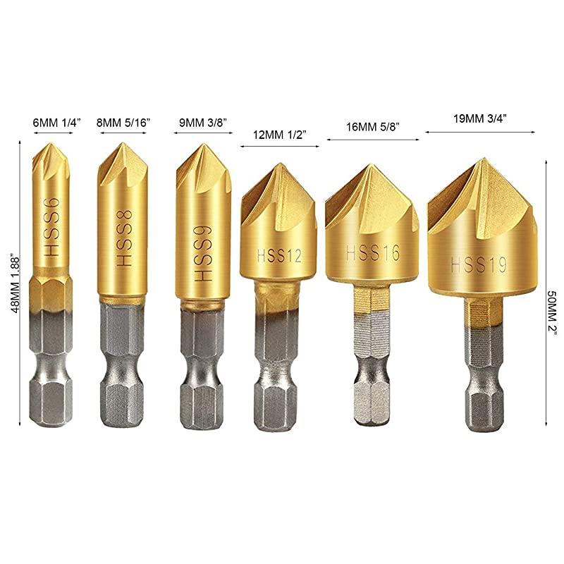 5 Flutes Chamfer Drill Bit Set 6pcs 6-19mm 90 Degrees HSS Chamfering ...