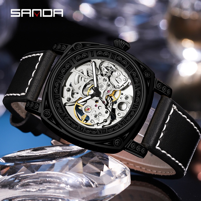 SANDA Official Square Hollow Mechanical Dial Luxury Appearance Men's ...