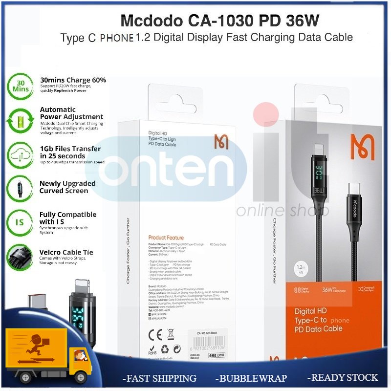 MCDODO CA-1030 Fast Charging PD 36W Data Cable Digital Display Type-C ...