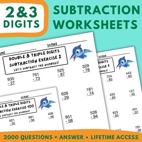 [2000 Questions] Double & Triple Digits Subtraction Worksheets With ...