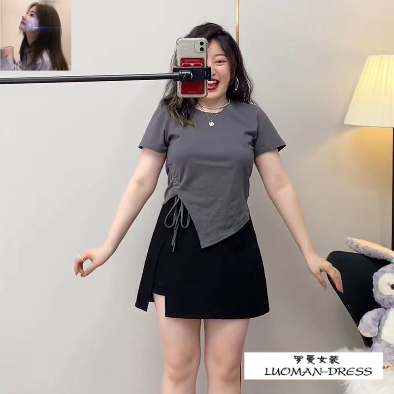 【50-100KG 胖女孩大码短裙】大码女装2023夏季新款不规则抽绳上衣短袖T恤女胖mm半身裙时尚套装潮 L-4XL fat bigsize oversize skirts | Shopee ...