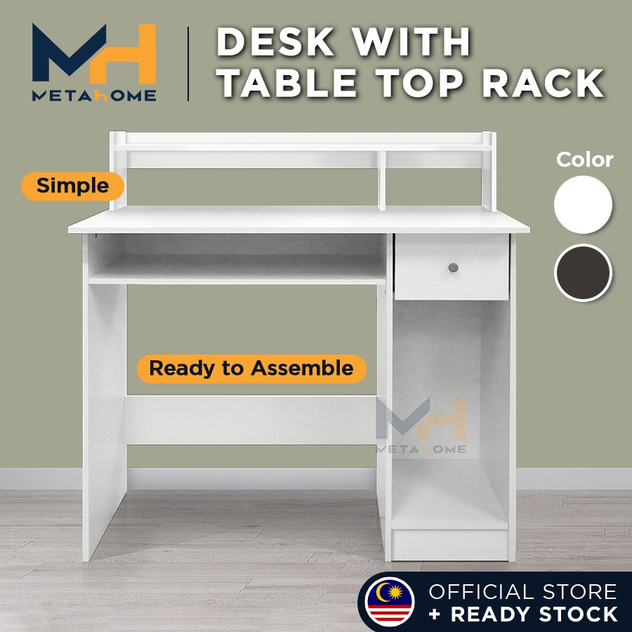 MetaHome Study Desk with Table Top Rack Wooden Writing Desk Computer ...