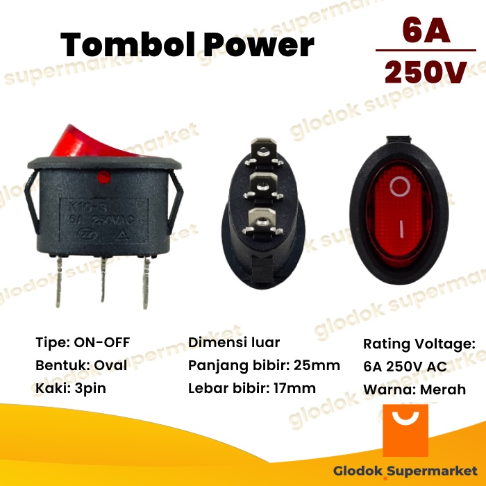 TOMBOL 3 pin On Off Switch Oval Button Rocker Power Switch 3pin ...