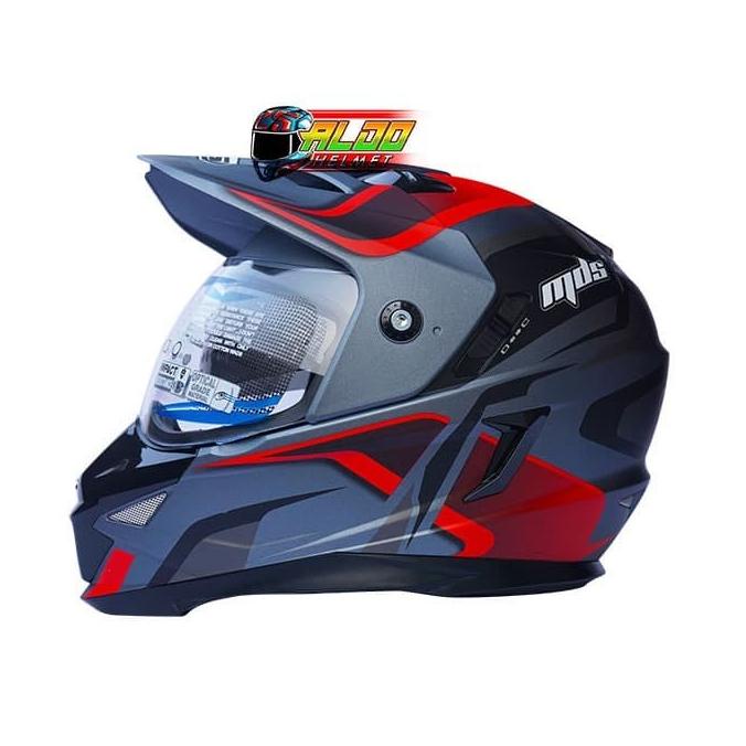 Mds SUPER PRO Helmet With Aluminum GRAY MATT RED MOTIF FULL FACE/JUAL ...