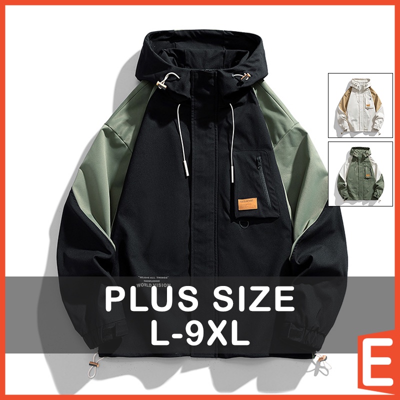 [L-9XL] Hooded Jacket Plus Size Men Jaket Lelaki Korean Oversized Long Sleeve Pocket Patchwork ...