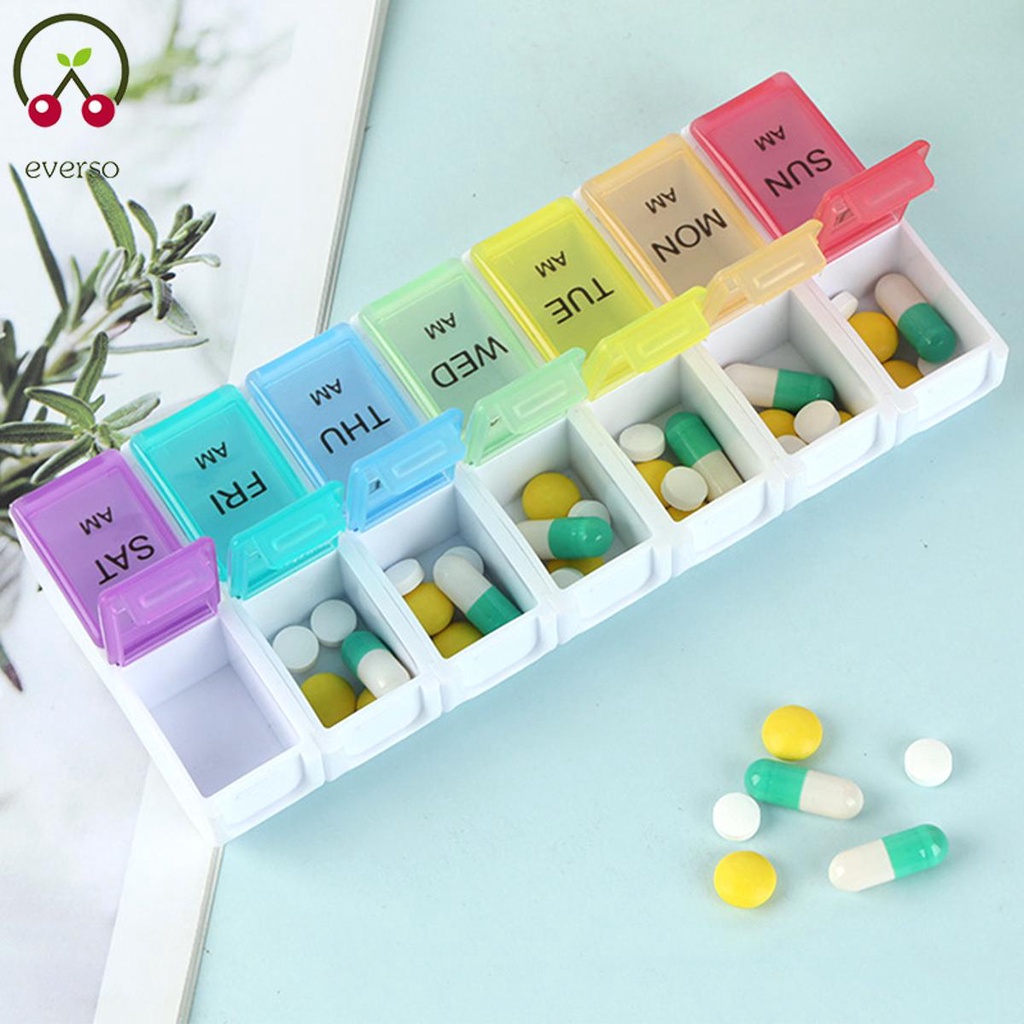 Pill Organizer Double-Row 14-Cell Pill Box AM PM 2 Times A Day Plastic ...