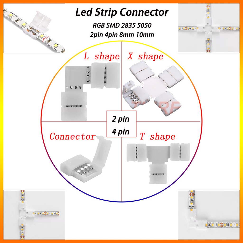 2 Pin 4 Pin LED Strip Connector 8MM, 10MM, +& T & L Shape For RGB SMD 5050 2835 LED Strip Light ...