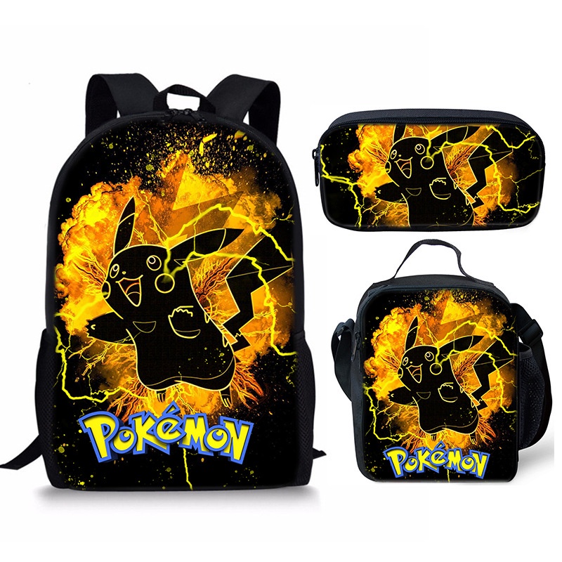 Pokemon Student Pikachu School Bag Cartoon Anime Three-piece Lunch Bag ...
