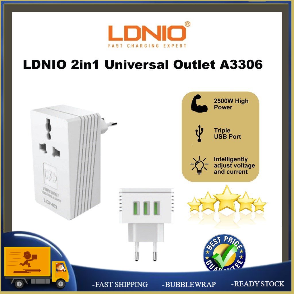LDNIO A3306 2in1 Universal Outlet and USB Charging Port Travel Converter Adapter | Shopee Malaysia