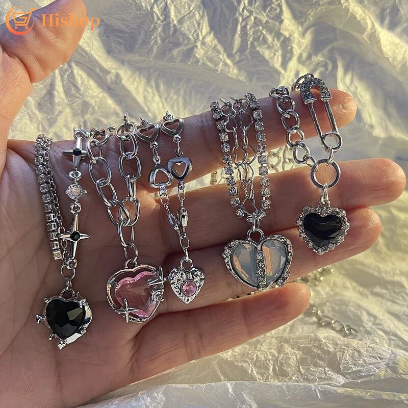 Y2K Silver Necklace Heart Cross Bow Pendant Necklaces Sweet Cool Zircon ...