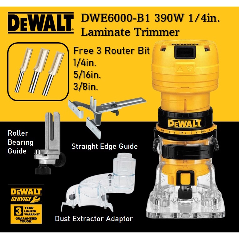 Dewalt DWE6000 390W 1/4in. Collet Laminate Trimmer / Router With Free ...