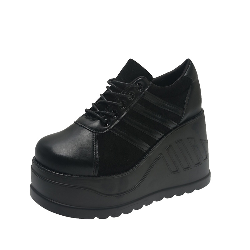 Punk Style Wedge Heel Large Size Women's Shoes Winter Black Lace-Up ...