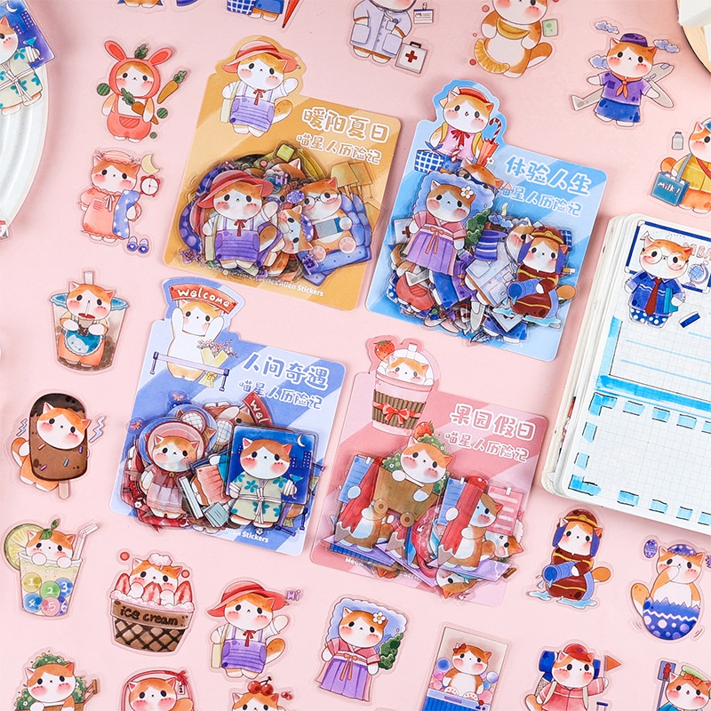 30 PCS kawaii cat adventures handbook stickers cute cartoon kids ...
