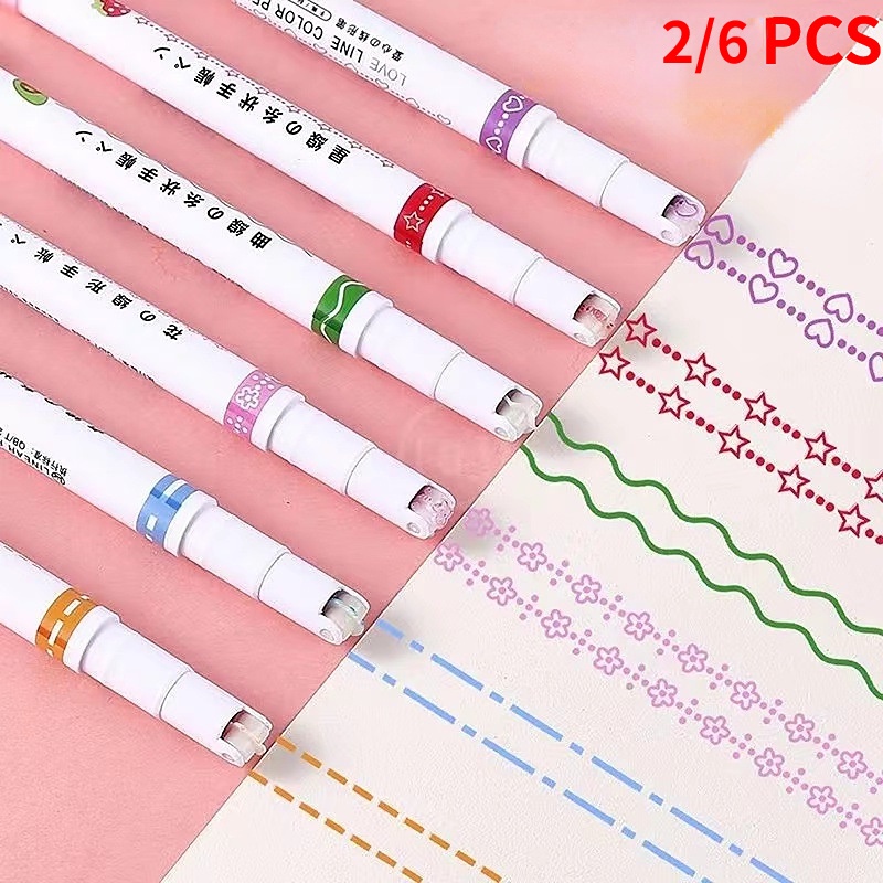 2/6 Pcs Curve & Floral Outline Ledger Pen / Wavy Curves & Love Lace ...