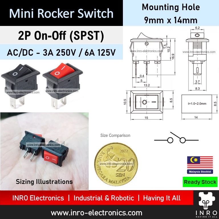 [AC DC] 2 Pin / 3 Pin Mini Rocker Switch, Suis Rocker, AC ON OFF Switch ...