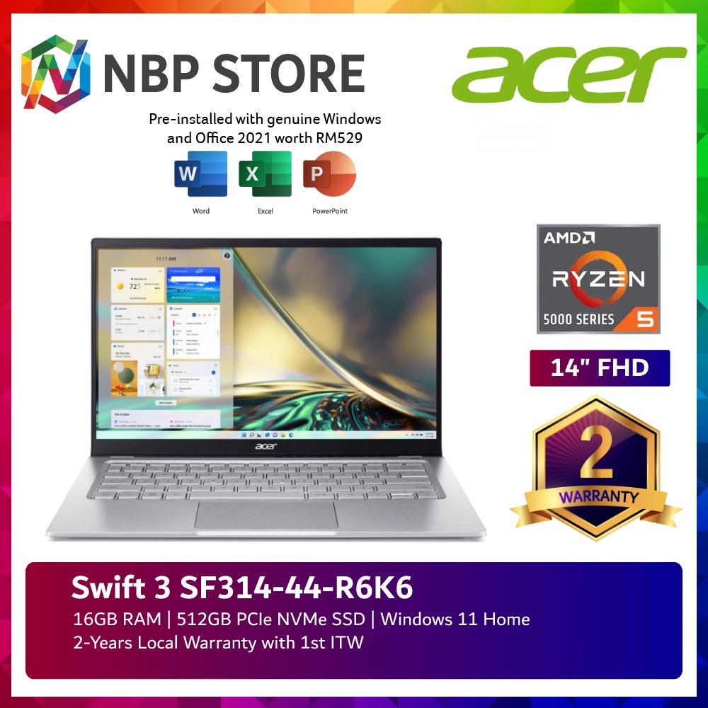 Acer Swift 3 SF314-44-R6K6 14'' FHD Laptop Pure Silver ( Ryzen 5 5625U ...