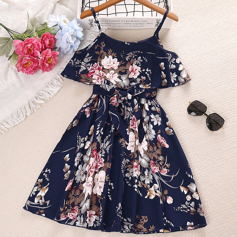 SIYYIS Kids Dress 4-5 Years Girls Dress Blue Color Floral Print Tie ...