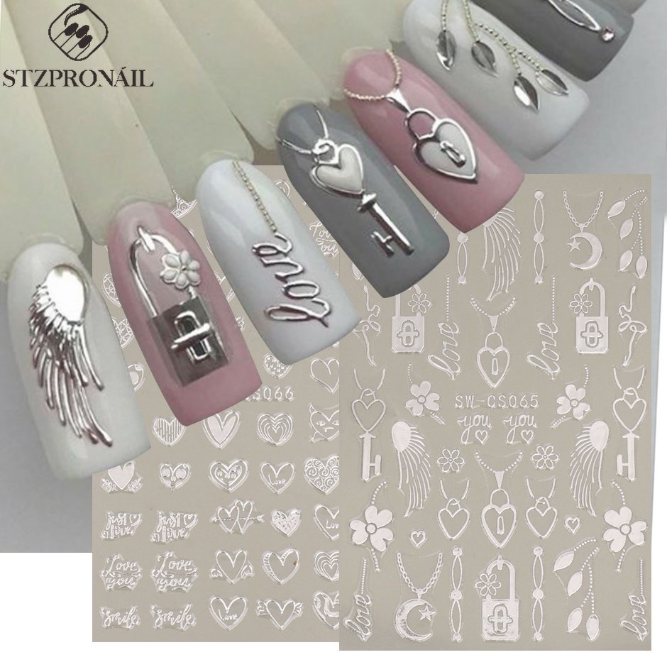 3D Lock & Key Sticker for Nails Valentines Silver Love Heart Necklace ...