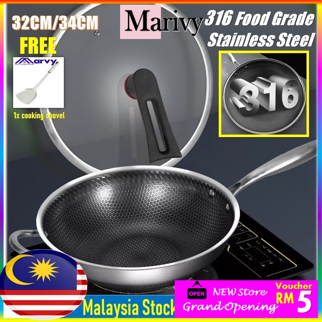 34cm/32cm Frying Pan Wok Food Grade 316 Stainless Steel Non Stick Non Rusting Pan Honeycomb ...