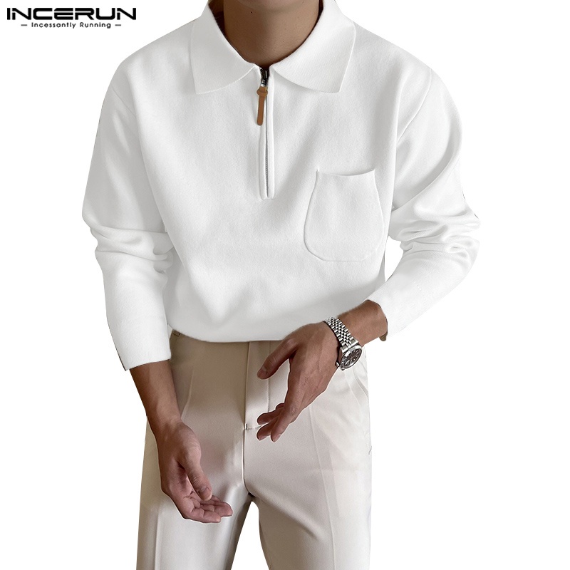 INCERUN Men's casual retro lapel knitted zipper long-sleeved shirt ...