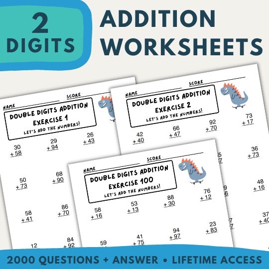[2000 Questions] Double Digits Addition Worksheets With Answer ...