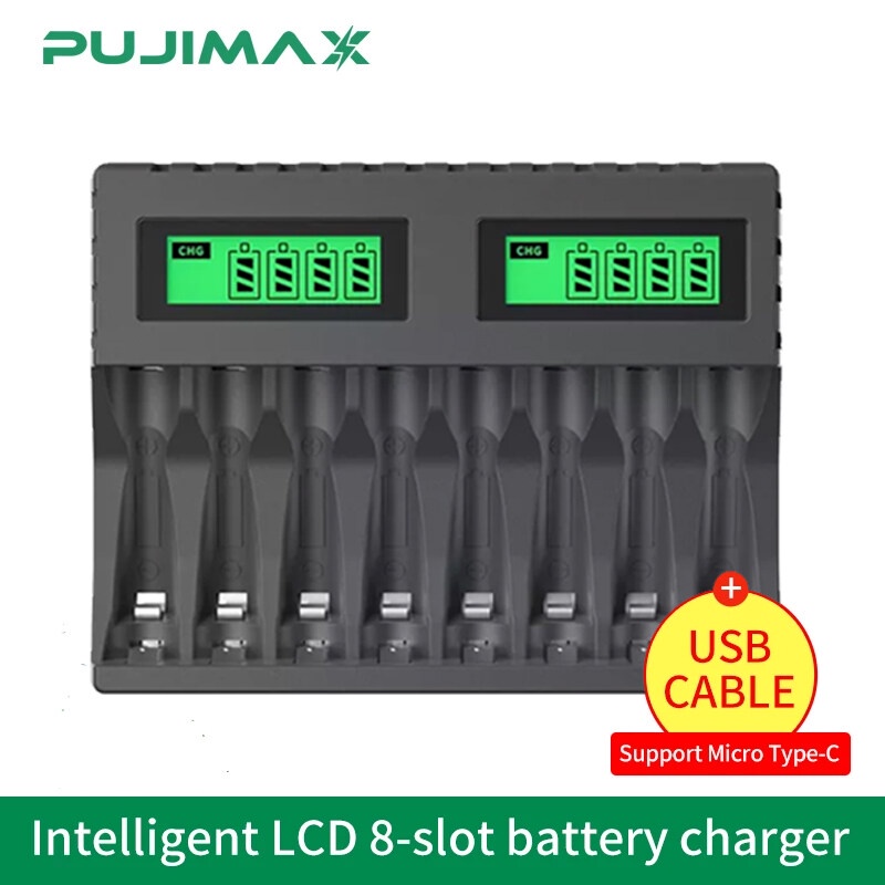 PUJIMAX 8 Slots Smart Fast Battery Charger LCD Display With USB Cable ...