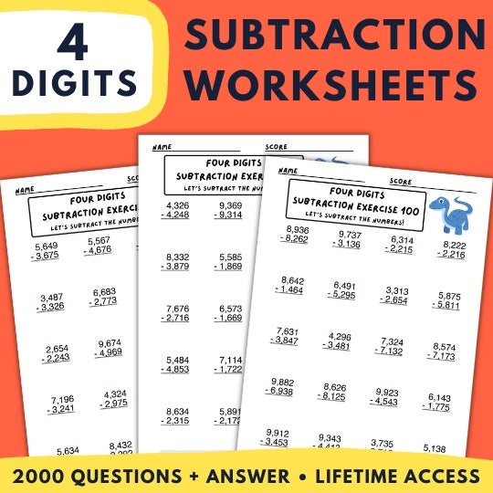 [2000 Questions] Four Digits Subtraction Worksheets With Answer ...