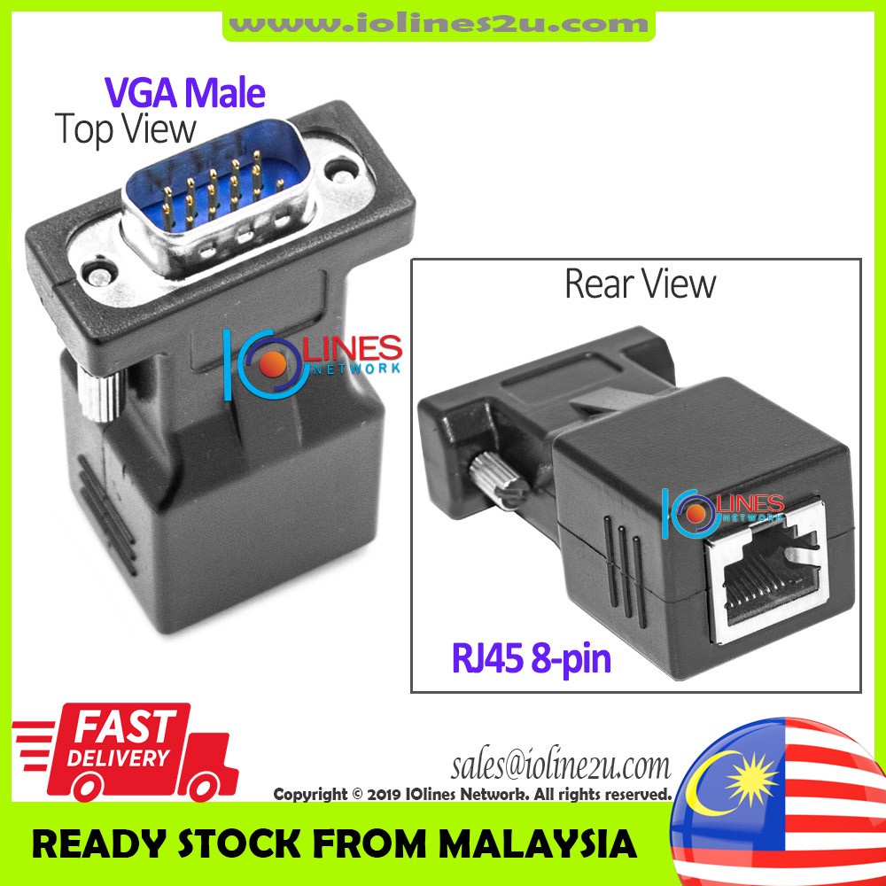 2pcs VGA male / female DB15 to RJ45 Cat5e Cat6 Network LAN Cable Video ...