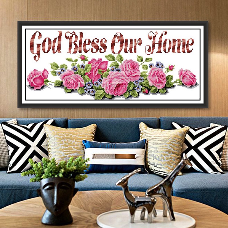 God bless our home 5D Round diamond embroidery living room pink rose ...