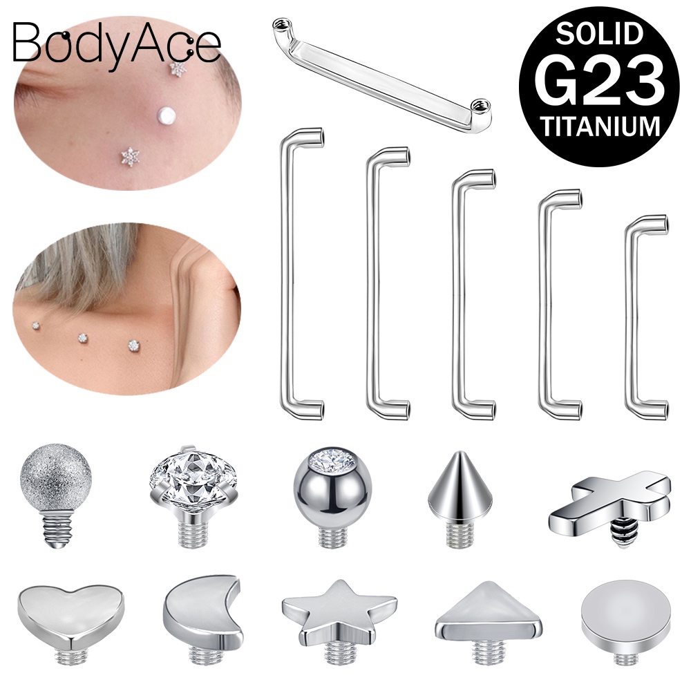 Bodyace 3 Pcs 16G G23 Titanium Micro Dermal Piercings Star Moon Dermal ...