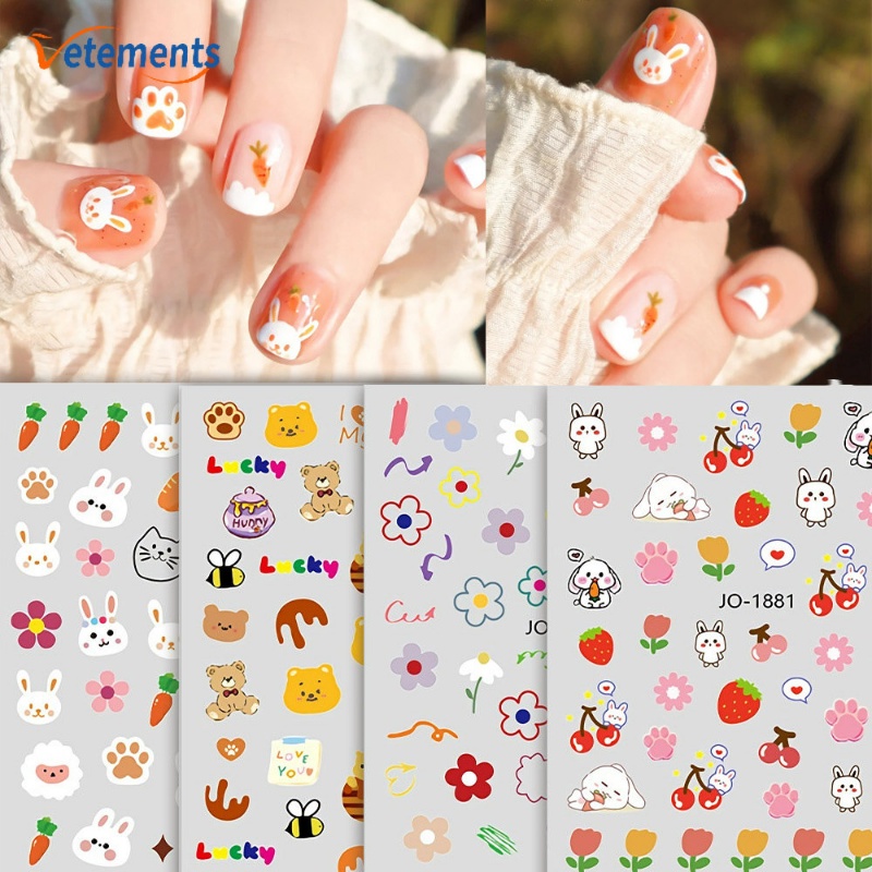 Cartoon Little Bear Animals Nail Art Sticker/ Colorful Flowers Rabbit ...