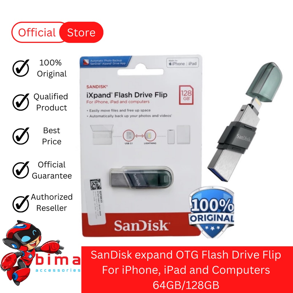 SANDISK iXpand Flip Flash Drive OTG Lightning 64GB / 128GB USB 3.1 for ...