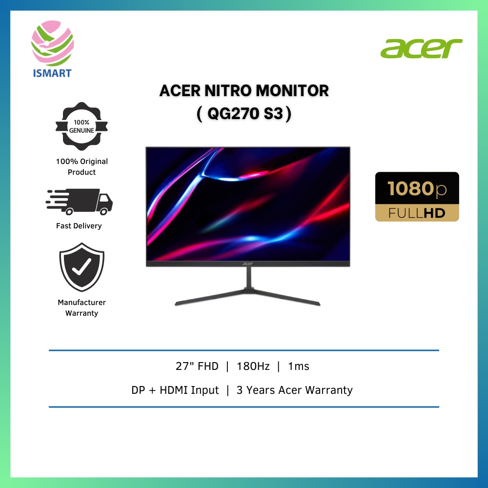 Acer Monitor Nitro QG270 S3 27" FHD 180Hz ( UM.HQ0SM.301 ) | Shopee ...