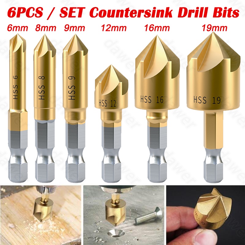 5 Flutes Chamfer Drill Bit Set 6pcs 6-19mm 90 Degrees HSS Chamfering ...