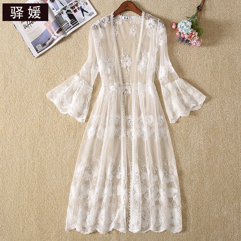 lace mesh yarn seven-point sleeve cardigan sun protection clothes shawl ...