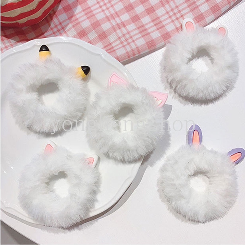 Cute Plush Cat Rabbit Ear Hair Tie Sweet Head Rope Elastic Scrunchies ...