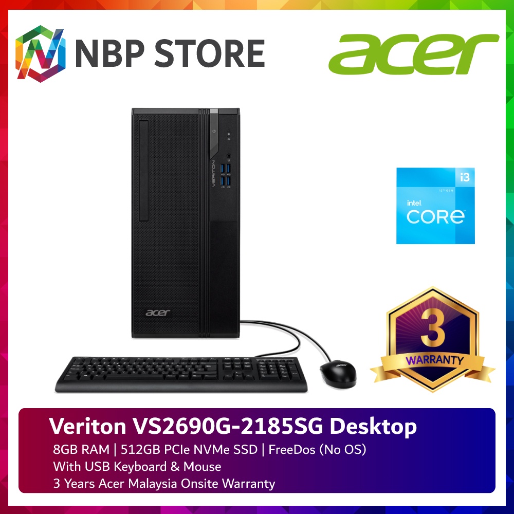 Acer Veriton VS2690G-2185SG Desktop PC Black ( I3-12100, 8GB, 512GB ...