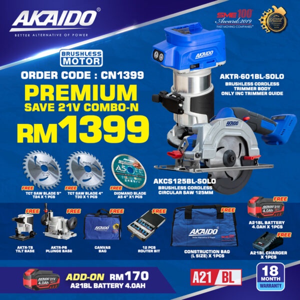 Akaido [Premium Save 21V Combo] Brushless Cordless Trimmer + Circular Saw - AKTR601BL ...