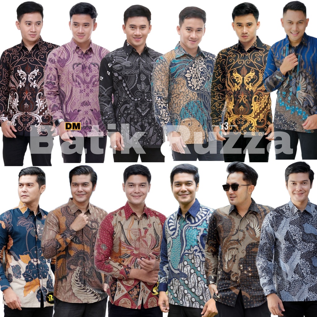 KEMEJA RUZZA Men's Batik Long Sleeve Blue Blarak Sky Flower Motif Shirt ...