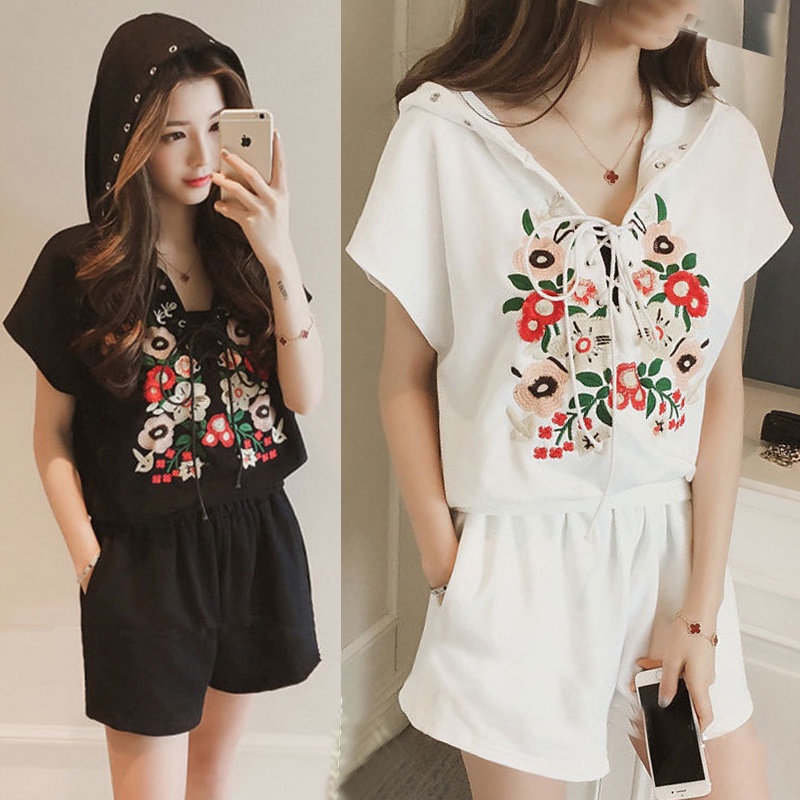 (M--4XL) Oversized Women Set Flower Hooded T-shirt + Loose Short Pants Loose Tops Two-piece Suit ...