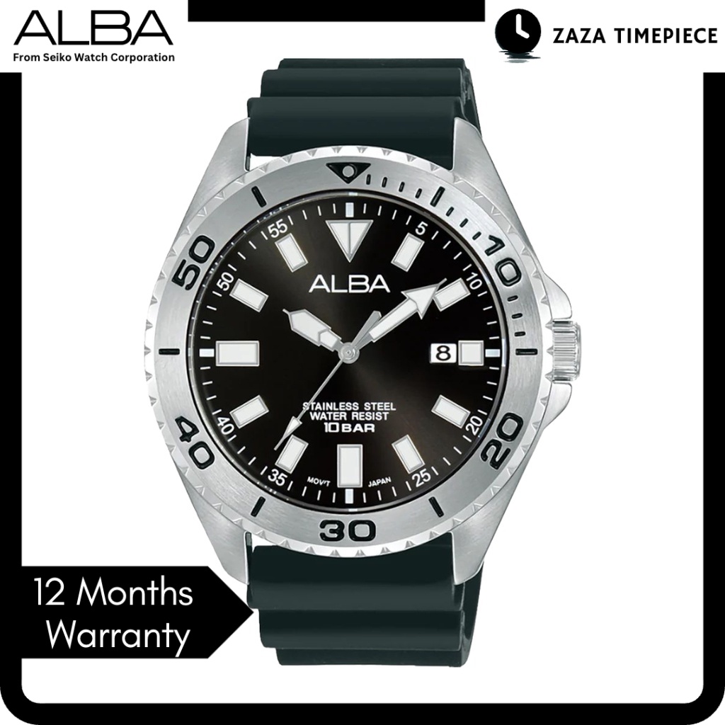 Alba Quartz AH9025X1 AH9025 Black Dial Mineral Crystal Silicone Strap ...