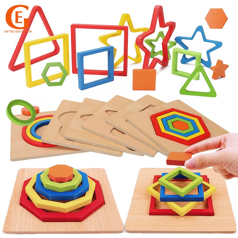Toddler Montessori Geometry Shape Sorting Toy Wooden Puzzle Kids ...