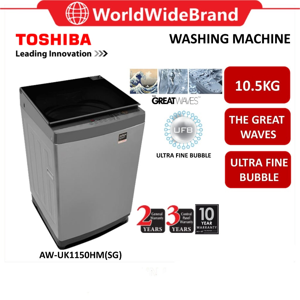 Toshiba AW-UK1150HM(SG) 10.5KG Greatwaves Fully Auto Top Load Washing Machine / Washer / Mesin ...