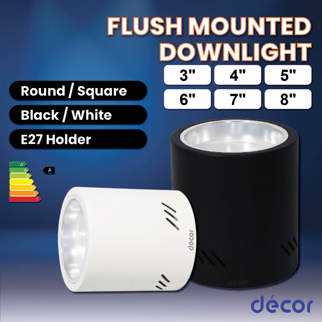 E27 Flush Surface Mounted Downlight Round 4'' 6'' 8'' Square 3" 5" 7 ...
