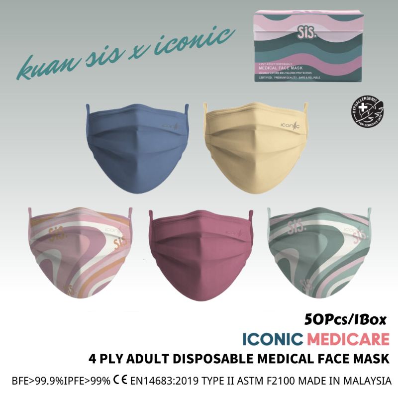 Iconic kuan sis mix ADULT 4 PLY MEDICAL DISPOSABLE FACE MASK 50's ...